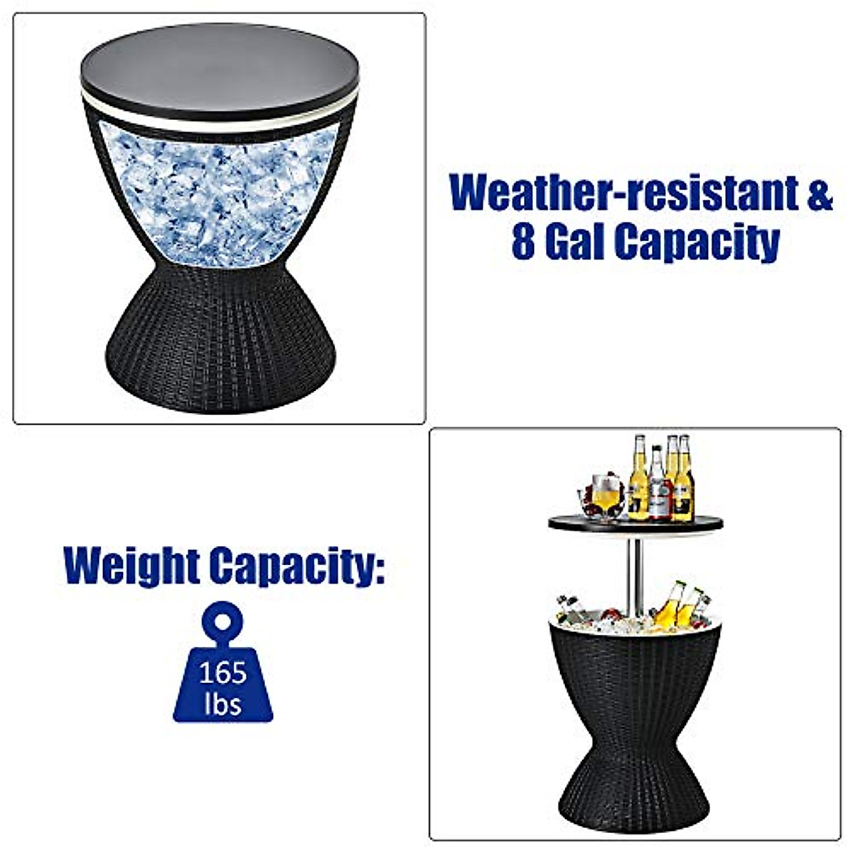 Giantex Cool Bar Table, 8 Gallon Beer and Wine Cooler, Rattan Style Patio Bar Tables, Height Adjustable, 3-in-1 Ice Cooler with Drainage Plug, Outdoor Cocktail Table for Deck Pool Party (Black)