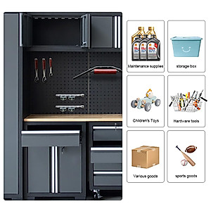 4utoHydra 9-Piece Workshop Cabinet Set w/Pegboard in Grey with Workbench - Perfect for Organizing Tools - Included Steel Cabinets Drawers Shelving Rolling Chest New