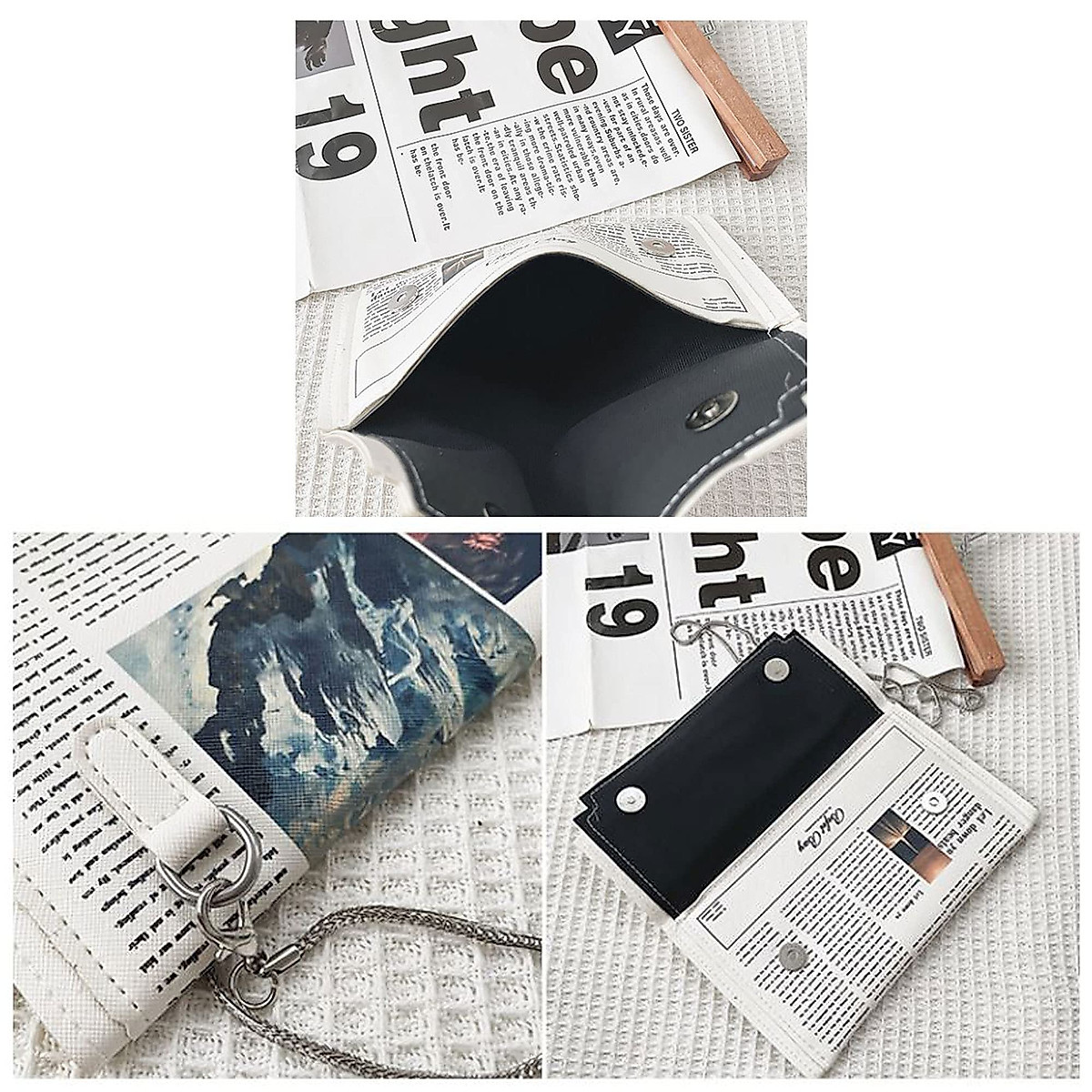 Van Caro Women Novelty Newspaper Evening Handbag,Fashion Envelope Clutch Crossbody Shoulder Purse,PU Leather Letters Chain Purse,White