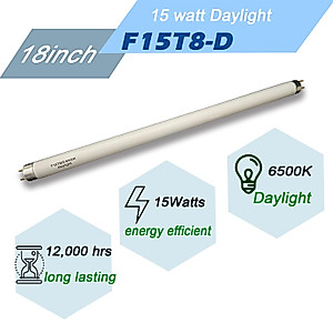 F15T8-D Daylight 15W Fluorescent Bulb,18'' F15T8/DL 6500K T8 Linear Preheat Lighting Lamps, G13 bi-pin Base