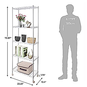 JS HANGER Wire Shelving Unit with Wheels, 5-Tier Heavy Duty Height Adjustable Rolling Metal Shelves for Storage, 550 lbs Capacity, 23.23''W X 13.4''D X 71''H, White