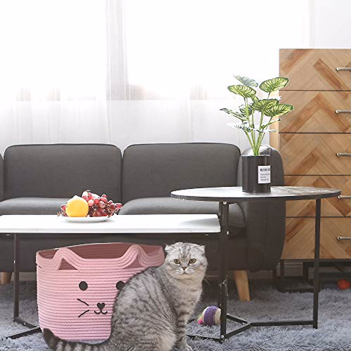 Sea Team Large Cotton Rope Storage Basket with Handles, Woven Storage Bin, Nursery Storage Box, Toys Clothes Organizer, Fabric Pet Storage Basket, Nest for Cat, Dog, 16.5 x 11.8 x 11 inches, Pink