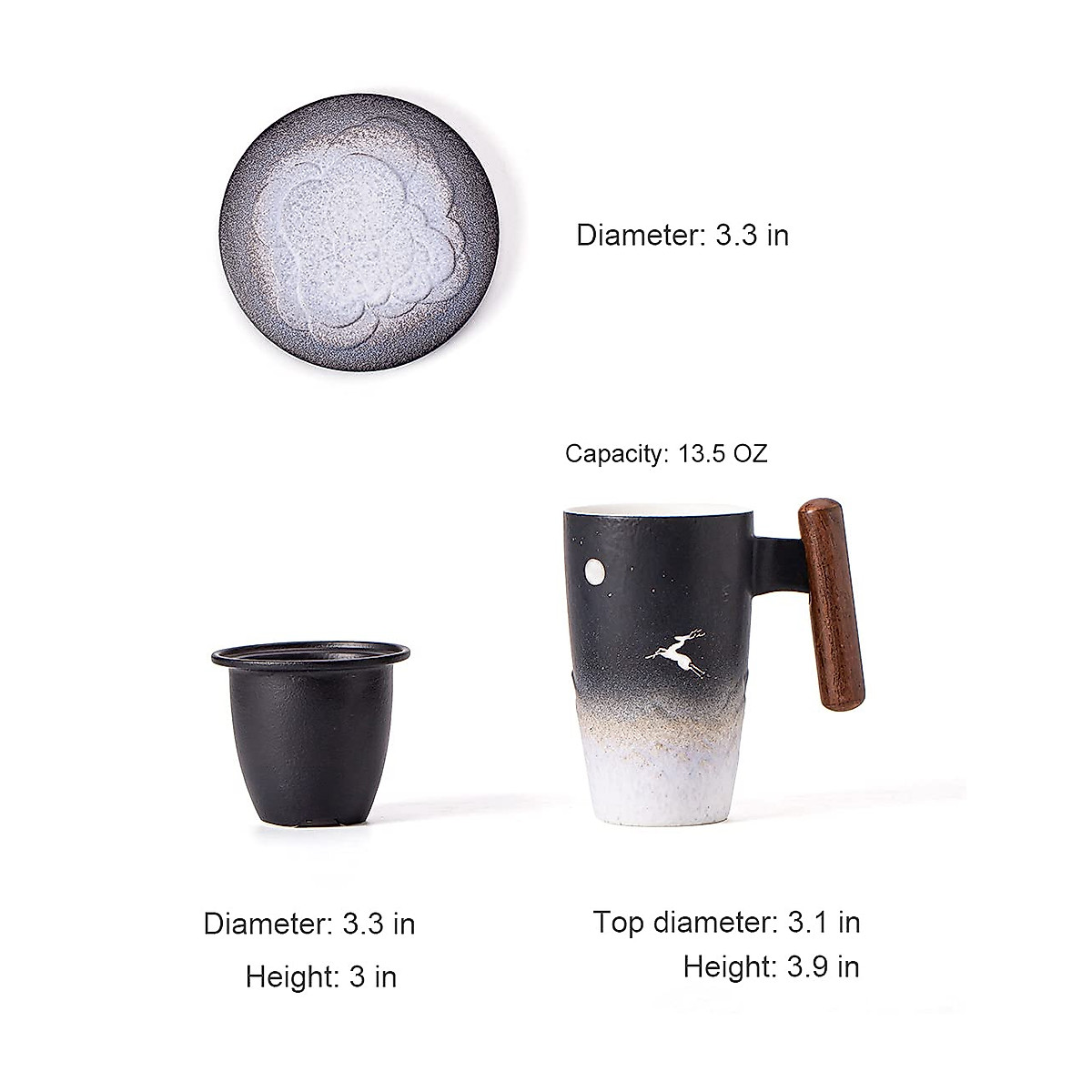 TANG PIN Moonlight Deer Ceramic Tea Cup with Infuser and Wooden Handle Steeping Mug 13.5 OZ (Black&White)