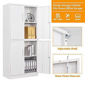 STANI Metal Storage Cabinet, Locking Steel Storage Cabinet with 4 Doors and 2 Adjustable Shelves, 71" Steel Lockable File Cabinet, Tall Steel Cabinet for Home Office,Garage,School (White)