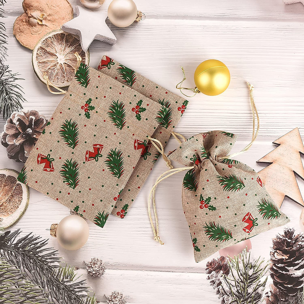 XCFWin 12 Pack Of Christmas Gift Bags With Drawstring Reusable Designs For Christmas Party Supplies Favors (red and black, mixed size)