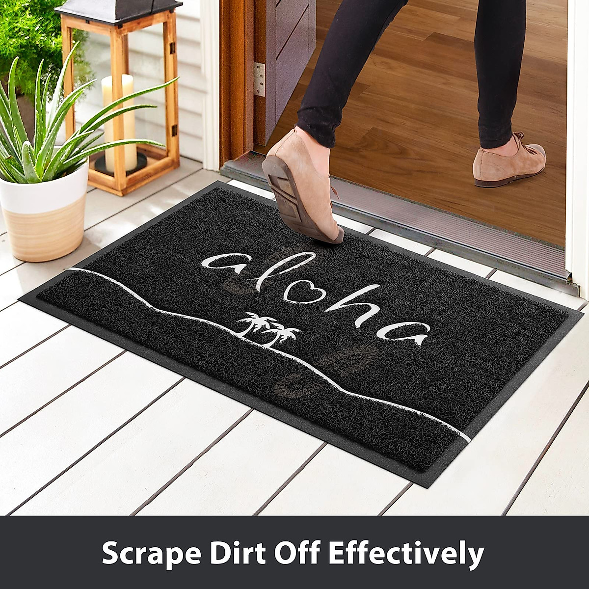 ALOHA Door Mat Welcome Mat Inside Outside Home Floor Mat Low-Profile Indoor Outdoor Mats for Entryway High Traffic Areas Patio Garage Porch Rugs, Black, 30"x17.5"