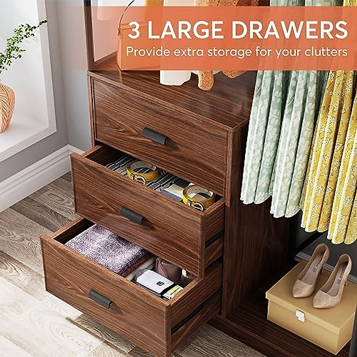 Tribesigns Freestanding Clothes Rack with 3 Drawers, Industrial Garment Rack Wardrobe Closet with Hanging Rod, Heavy Duty Wood Closet Organizer for Bedroom
