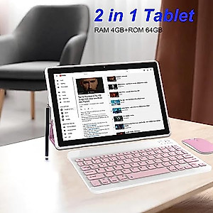 2023 Newest Tablet with Keyboard, 10 inch 2 in 1 Tablets, Android 11 1.8Ghz Quad-Core Processor, 64GB ROM+4GB RAM+512GB Expend Tableta, Case/Mouse/Stylus/8MP Camera/6000mAh Battery/1280x800 HD Display