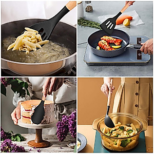 Homikit 25-Piece Kitchen Cooking Utensils Set with Holder, Silicone Spatula Spoon Ladle Turner Skimmer for Nonstick Cookware, Kitchen Tools Gadgets with Wooden Handle, Black