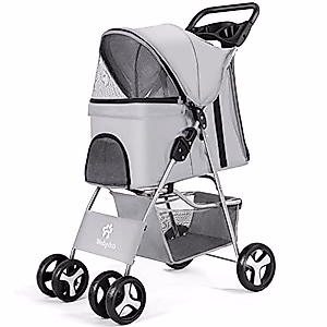 Wedyvko Pet Dog Stroller, 4 Wheel Foldable Cat Dog Stroller with Storage Basket, Handle 360° Front Wheel Rear Wheel with Brake for Small Medium Dogs & Cats (Gray)