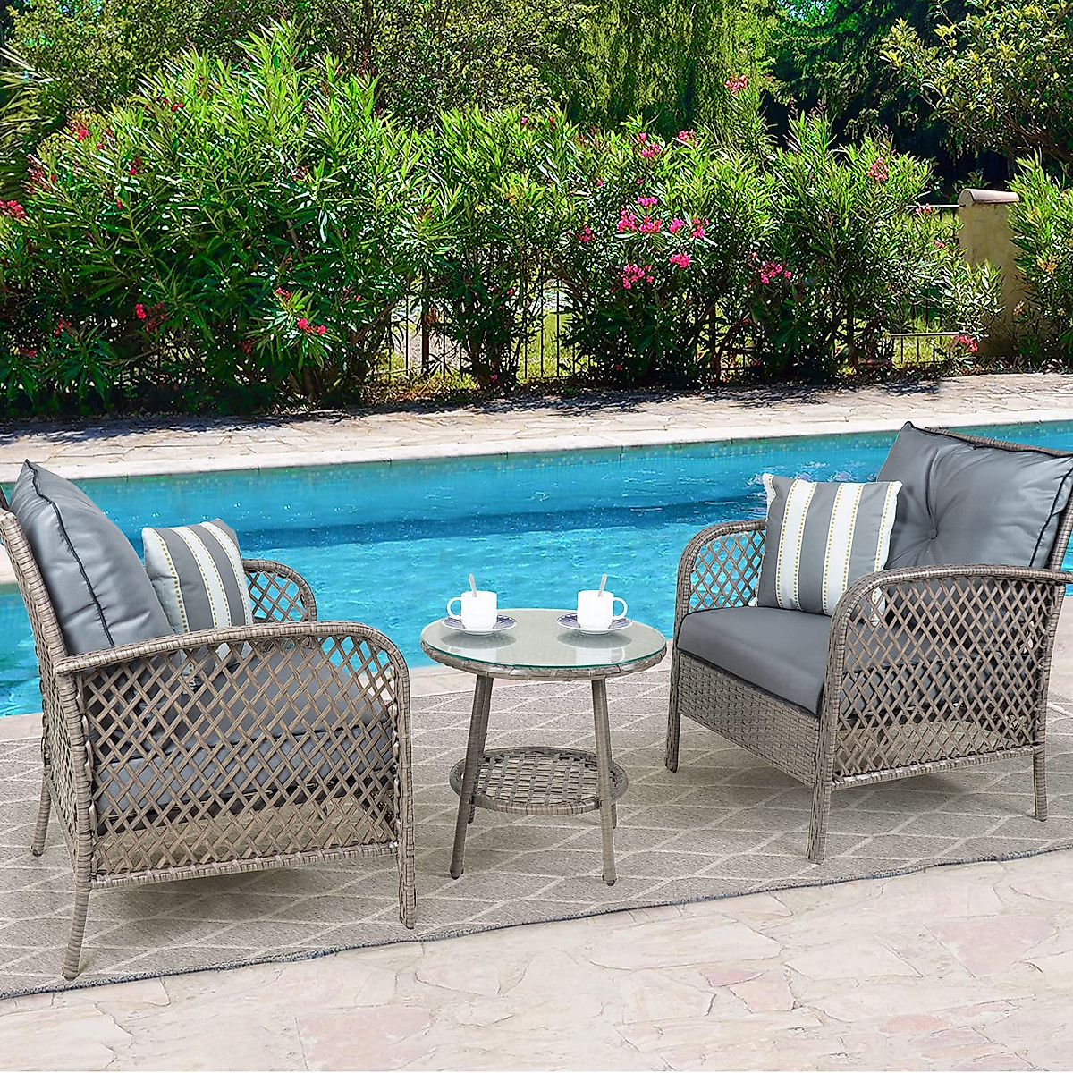 FYRICKYLINOO 3 Pieces Patio Conversation Set Outdoor Patio Furniture Sets All Weather PE Rattan Wicker Porch Sofa Single Chairs with 2 PCS Pillows & Coffee Table for Garden Backyard（Grey Cushions