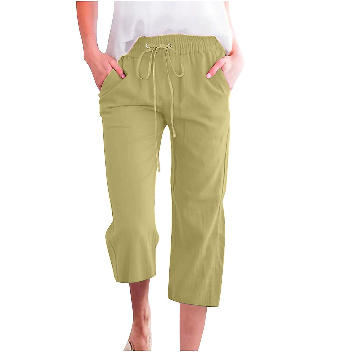 DOLKFU Daily Deals Pants for Women Trendy Women High Waist Casual Capri Cropped Drawstring Elastic Cotton Linen Trousers Loose Fit Beach Capris with Pockets Green XL