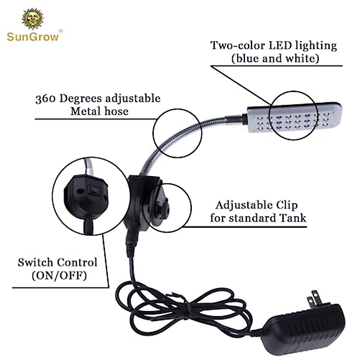 SunGrow LED Aquarium Light for Fish Tank, 24 LEDs, White & Blue Adjustable 360° Flexible Metal Arm Small Aquarium LED Light for Nano Tank, 3.7 W Low Consumption Power Aquarium Clip Lamp with Switch