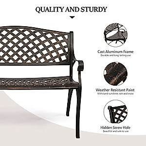 VINGLI 40.5" Patio Garden Bench,Anti- Rust Cast Iron Cast Aluminum Frame for Outdoor Path Yard Lawn Work Entryway Decor Deck,Bronze