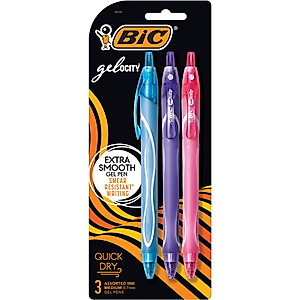 BIC Gel-Ocity Quick Dry Gel Pens, Medium Point Retractable Gel Pen (0.7mm), Assorted Colors, 3-Count