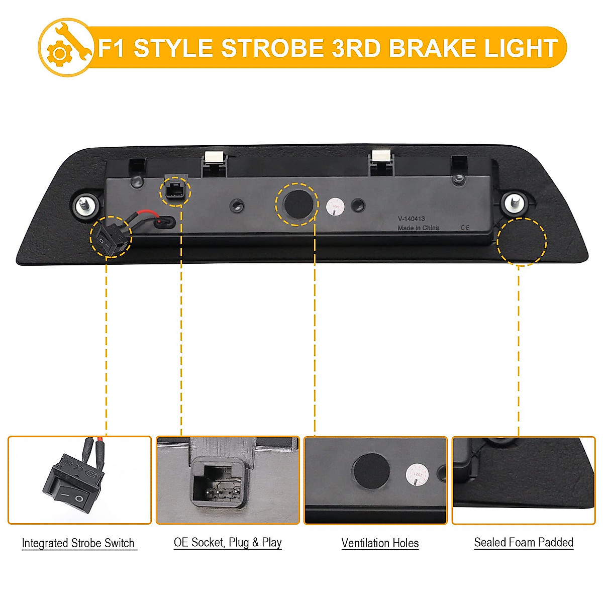 R&F Auto Smoked Lens Strobe LED 3rd Third Brake Light Replacement for Tacoma 2016-2023 Limited SR SR5 TRD Off-Road TRD Pro Sport Roof Cargo Lights Pickup High Mount Stop Lamp (For Double Cab ONLY)