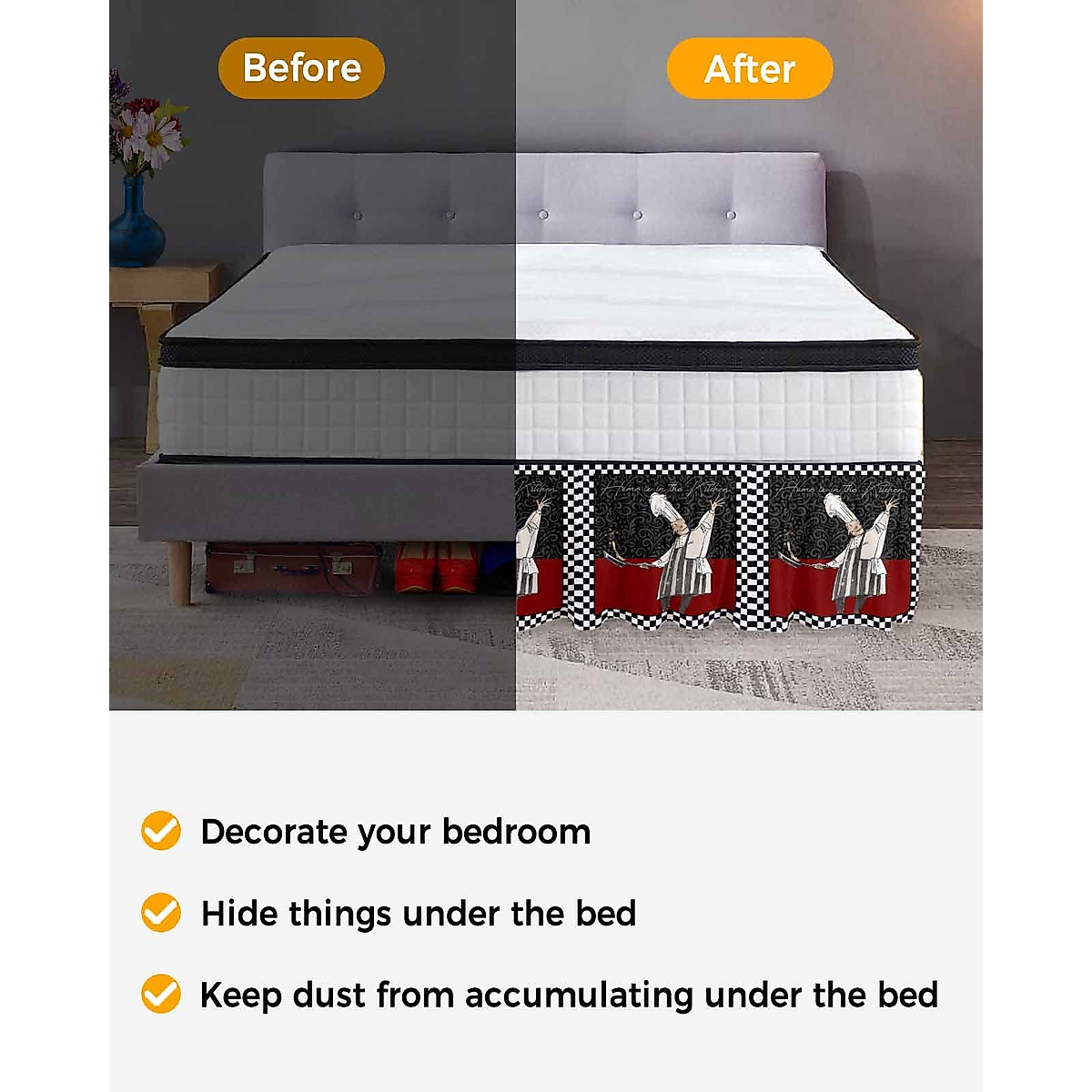 Retro Ches Bed Skirt King Size 16 Inch Drop, Adjustable & Elastic Wrap Around Bed Skirts Pleated Luxury Dust Ruffles for Twin Full Queen Cal King Base Bed, Black White Checkered Flowers Red