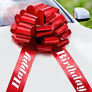 Claev Happy Birthday Big Car Bow (Metallic Red, Round, 18 inch), Shiny Bow for Giant Gifts, All-Weather Christmas Decoration