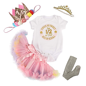 HOSUKKO Princess Half Birthday Outfit Baby Girl, Premium 1/2 Birthday Outfit Girl, Infant Cake Smash Outfits for 6 Months Girls (Short Sleeve, 5PCS)