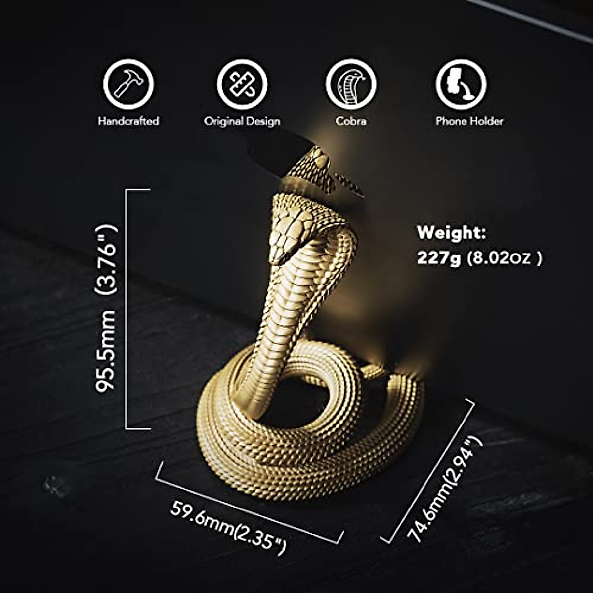 COPPERTIST.WU Cobra Phone Stand for Desk, Snake Cell Phone Holder Mobile Phone Tablet Desktop Smartphone Cellphone Accessories Office Home Statue Decor Ornament, Brass