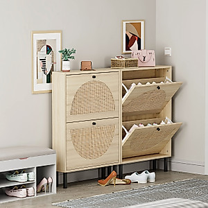 Yoluckea Rattan Shoe Storage Cabinet/Rack with 2 Flip Drawers for Entryway Modern Wooden Free Standing for Heels Slippers Hallway Bedroom Small Space(Natural)