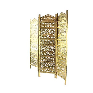 Deco 79 Wooden Scroll Handmade Partition Room Divider Screen Hinged Foldable Partition 4 Panel Privacy Screen with Carved Elephant Accents, Room Partition 80" x 1" x 72", Gold