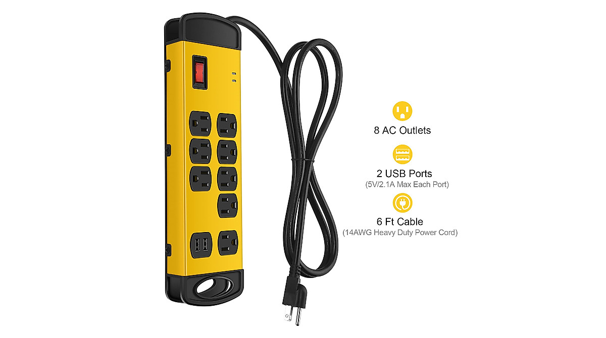 Heavy Duty Surge Protector with USB - 8 Outlets & 1800J Surge Protection