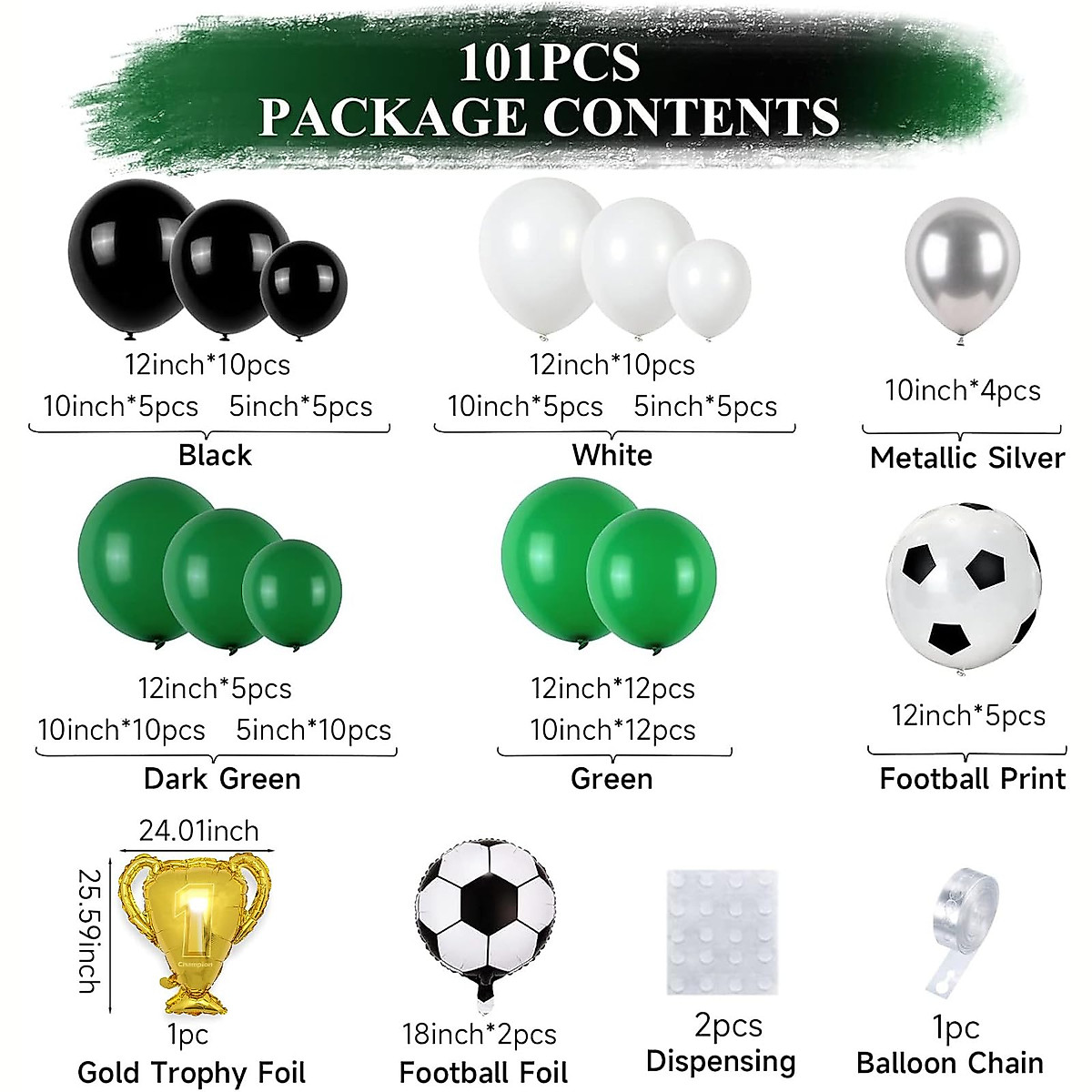 Soccer Balloon Arch Kit Boys, Green Balloon Arch Kit with Football Trophy Balloons Dark Green Black White Latex Balloons Metallic Silver Balloons for Baby Shower Birthday Soccer Party Decorations