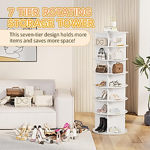 GOOFCXO 7 Tier Rotating Shoe Rack Tower, 360° Revolving Free Standing Shoe Organizer High Bottom Design Shoe Tower Spinning Storage Lazy Susan Multifunctional Rotate Shoes Closet Organization (White)