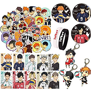 Haikyuu Gift Set-50PCS Haikyuu Stickers,10PCS Haikyuu Photo Sticker,3PCS Hinata Shoyo TOBIO Nekoma Button Pins,3pcs Hinata Shoyo TOBIO kuroo Keychain,2PCS Haikyuu Bracelets