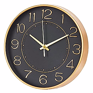 HZDHCLH 10 inch Small Wall Clocks Battery Operated,Black and Gold Quartz Round Clock for Wall,Silent Non Ticking Modern Wall Clock for Living Room Bedroom Kitchen Office School Classroom Decor