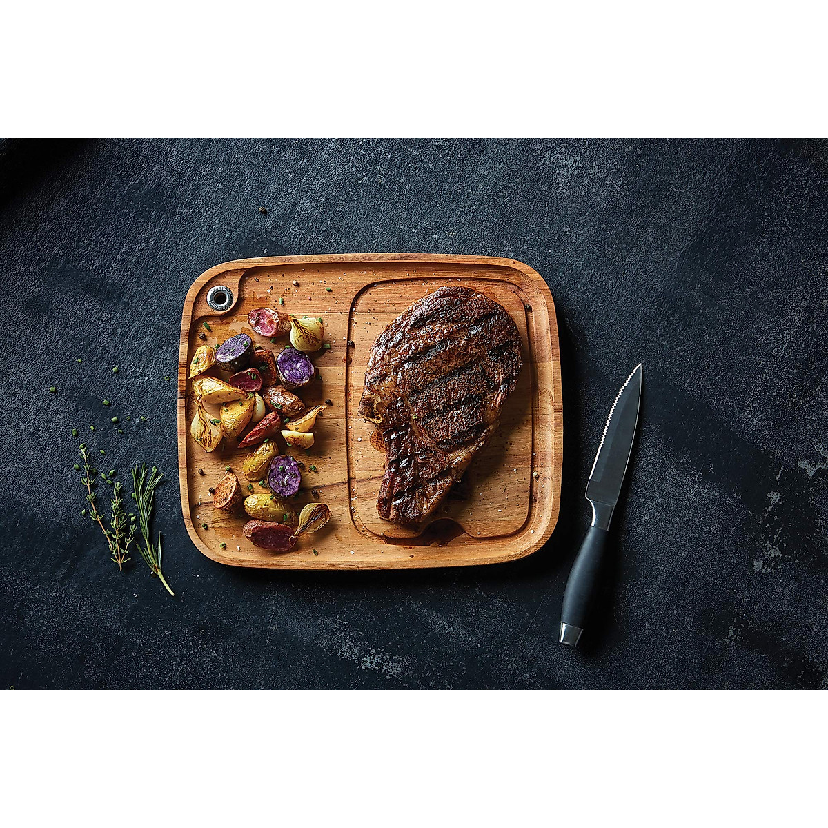 Ironwood Gourmet Fort Worth Steak Plate with Juice Channel, Acacia Wood 13 x 11 x 0.75 -inches