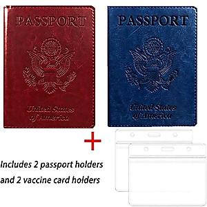 Redify 2 Pack Passport and Vaccine Card Holder Combo - PU Leather Passport Holder with Vaccine Card Slot, Travel Passport Wallet for Women and Men, Family Passport Cover Case (Blue, Wine Red)