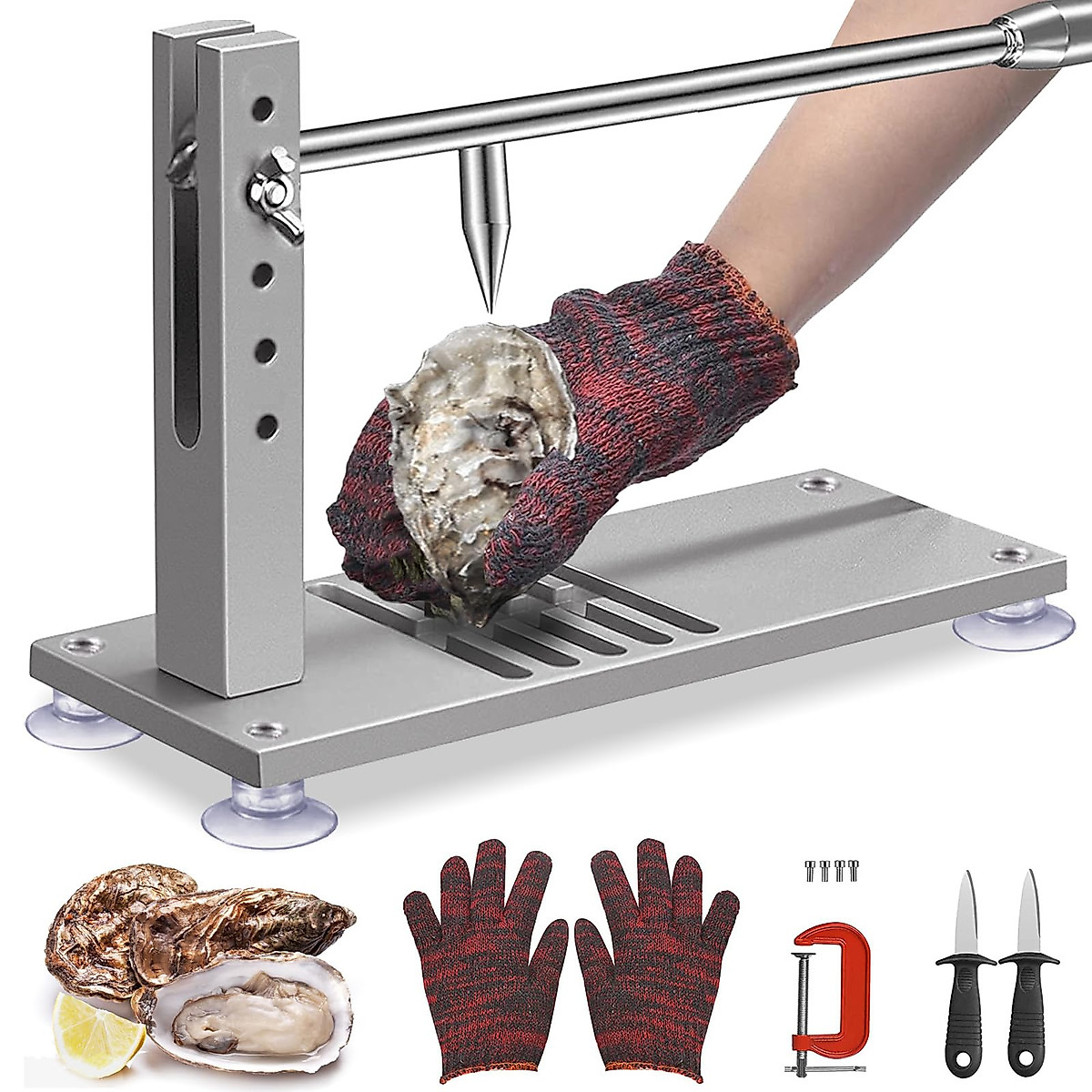 Oyster Shucker Machine,Upgraded Stainless Steel Oyster Clam Opener with Strong Suction Cup,Adjustable Oyster Shucker Tool Set,Oyster Opener Tool for Home,Clam Shucker Tool with Knives,Glove & G-Clip