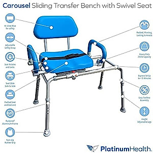 Carousel Sliding Shower Chair Tub Transfer Bench with Swivel Seat, Premium Padded Bath, with Pivoting Arms, Adjustable Space Saving Design for Tubs, Inside Shower, for Handicap & Seniors, Blue