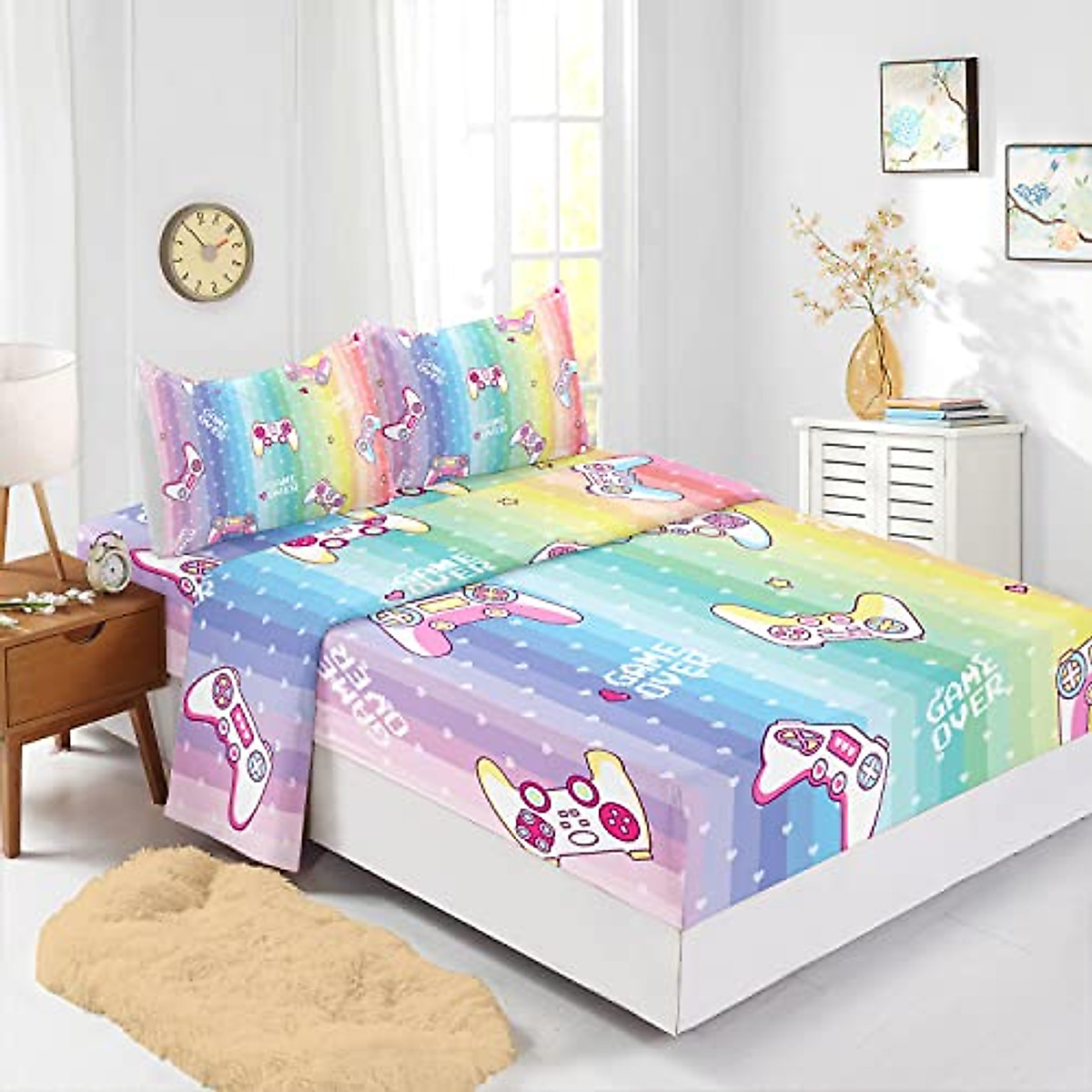 CVHouse Rainbow Gamepad Bed Sheets Sets Full Size,Rainbow Gamepad Bedding Sets for Girls Kids Teens,Rainbow Gamepad Fitted Sheet Sets,1 Flat Sheet & 1 Fitted Sheet with 2 Pillow Cases - 4 Pieces