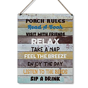 Qious Porch Sign Gift Farmhouse Porch Rules Read a Book Visit with Friends Wooden Hanging Sign Plaque Rustic Wall Art Decor for Home Decoration 10 x 8 Inches