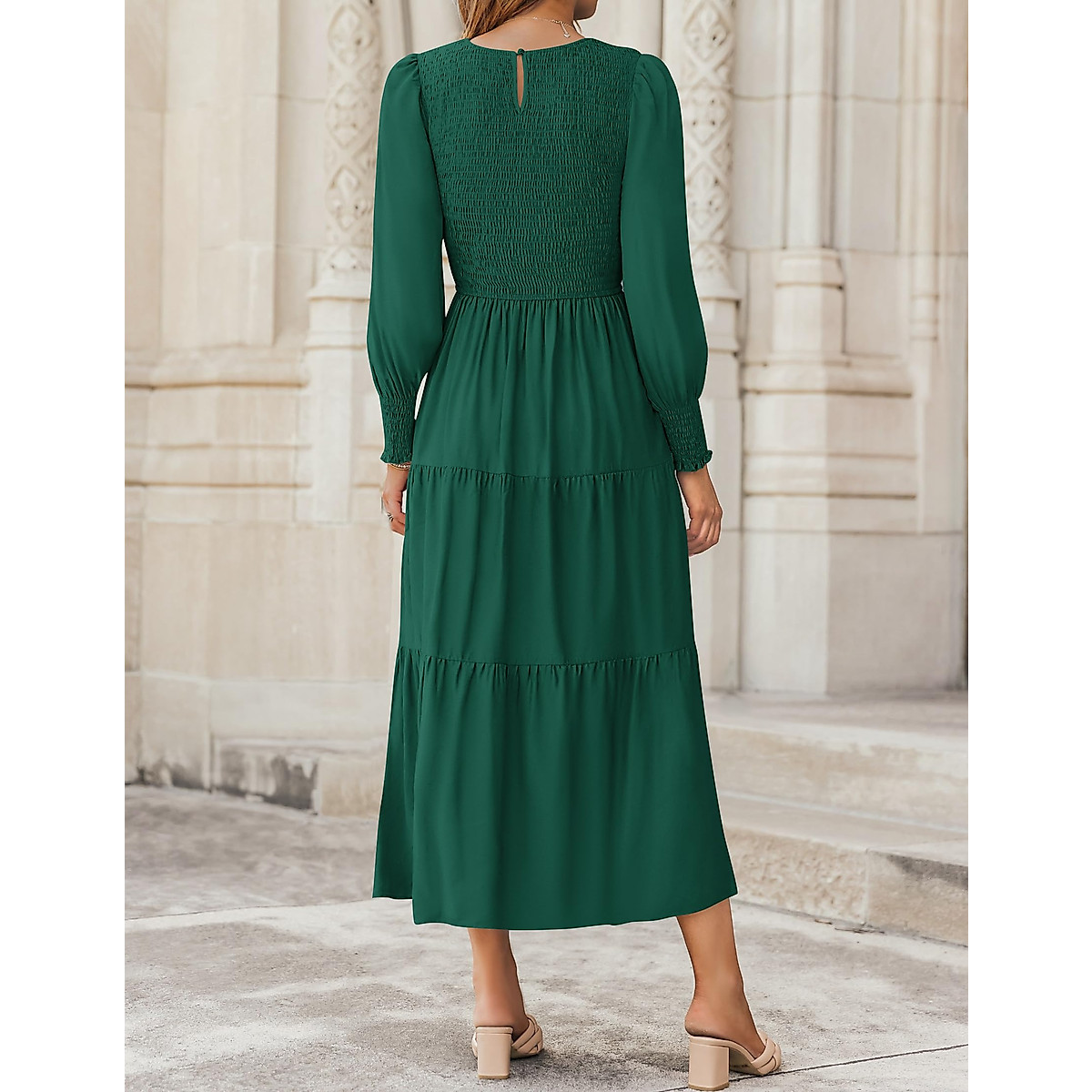 ZESICA Women's Casual Long Sleeve Crew Neck High Waist Smocked Flowy Tiered Midi Dress,DarkGreen,Large