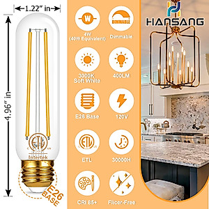 hansang E26 Edison LED Bulb, 40W Equivalent, 3000K Warm White Dimmable Tubular T10 LED Bulb, E26 Base Light Bulbs for Chandelier, Decorative Light Bulbs with Clear Glass, 120V, CRI85+, 400LM, 6 Pack