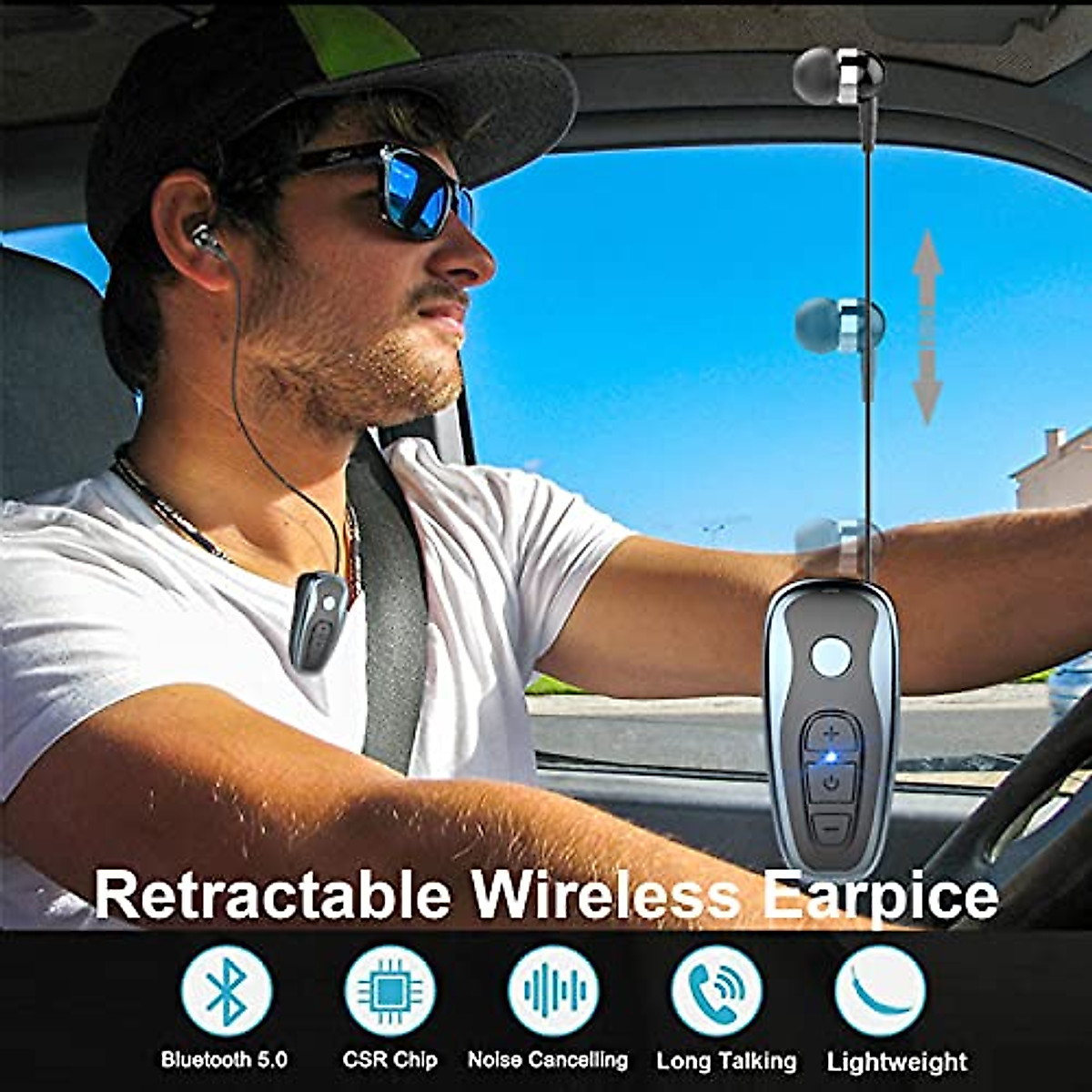 Retractable Wireless Headset Headphone Stereo Earphone V5.0 Noise Cancelling Mic Clip on Earpiece Comfortable HandsFree Headset 11Hrs Talking Time Sports Business Trucker Driver Earbud