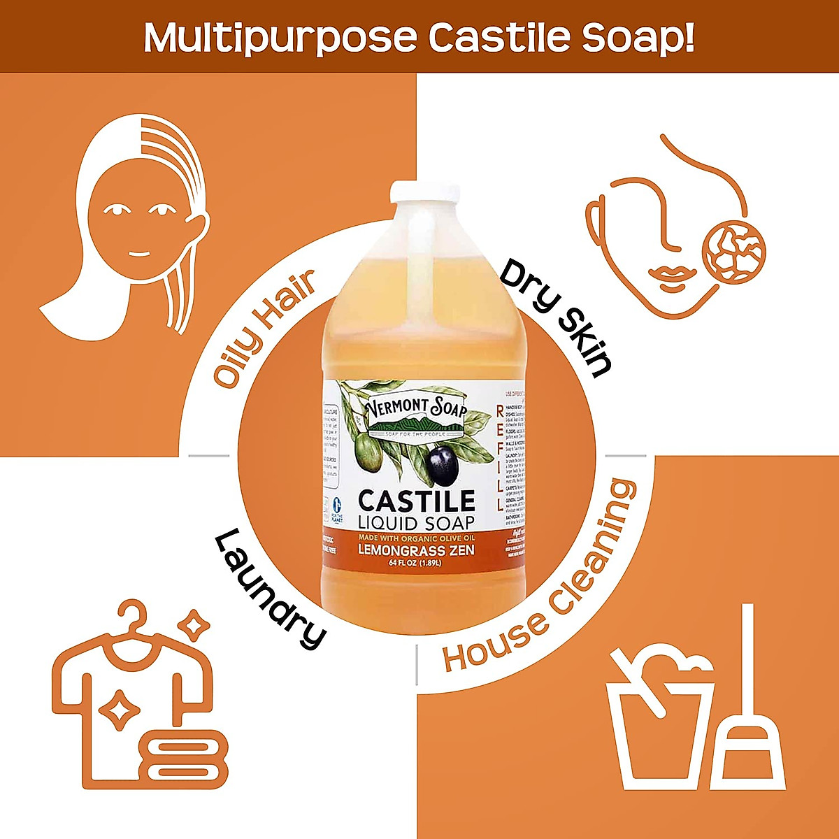 Vermont Castile Lemongrass Zen Soap, Gentle Liquid Soap for Sensitive Skin & Natural Body Wash, Organic Hair Shampoo for Oily Hair, Aloe Castile Soap for Men & Women - 64 Oz