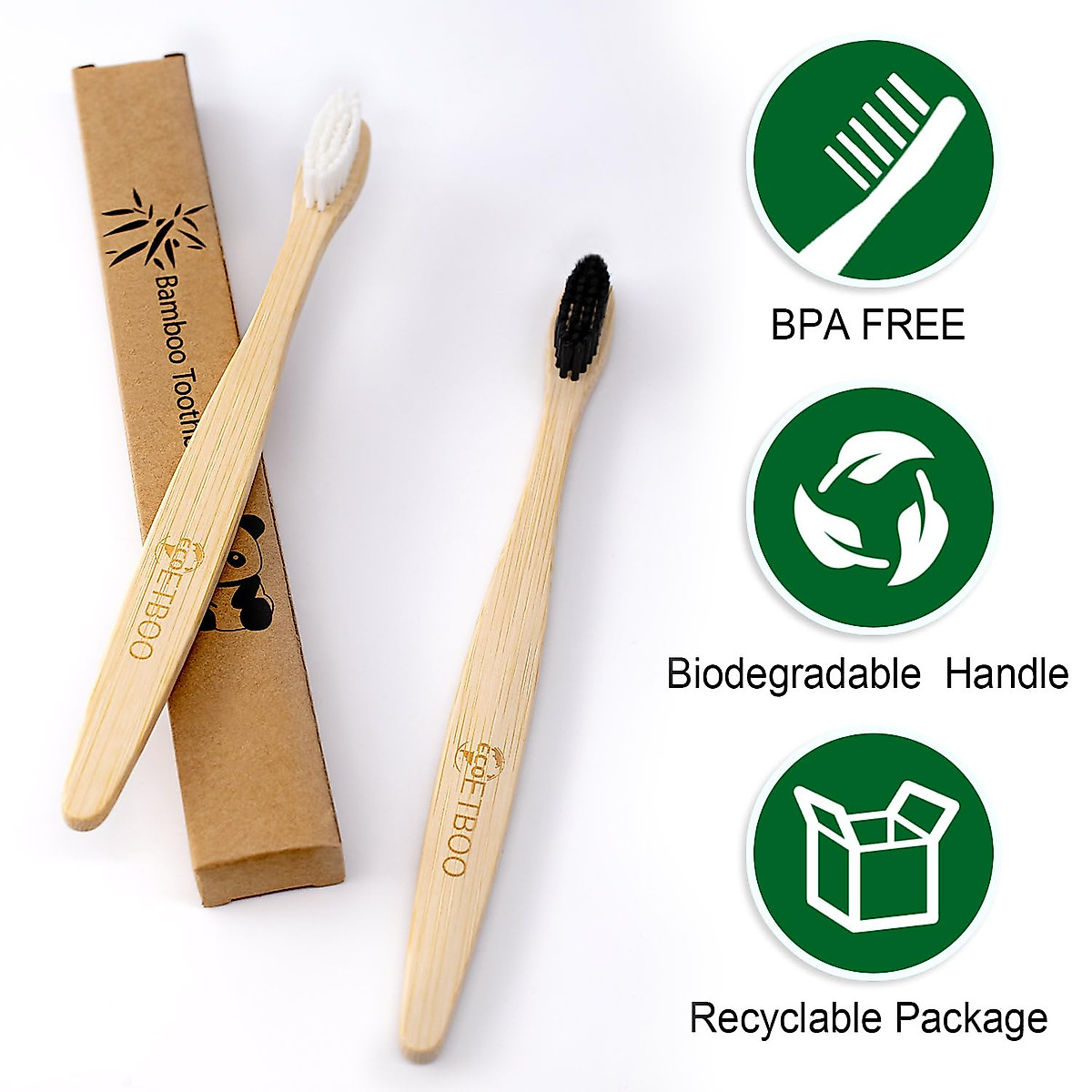 ECOETBOO Bamboo Toothbrushes Medium Bristles for Adult, 10 Pack Family Bulk Toothbrushes Set Natural Organic Wooden Tooth Brush Charcoal Wood Handle Eco Friendly Toothbrush