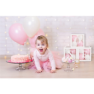 Baby Girl First Birthday Party Decorations 'ONE' Letters Individual Three White Transparent Square Boxes with 24 Balloons Decor for 1 Year Old Baby Birthday Party Decor Backdrop Favors