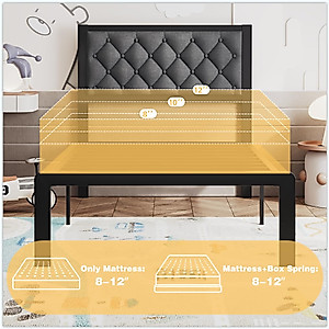 Foredawn Twin Bed Frame with Linen Upholstered Headboard, Metal Support, No Box Spring Needed, Noise Free, Under Bed Storage, Easy Assembly, Grey