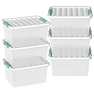 Buyitt 6-Pack 35 quart Large Plastic Storage Bin, Latching Box with Clear Base, White Lid and Green Latches