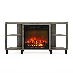 Furinno Jensen Corner Fireplace TV Stand with 4 Open Compartments for TV up to 55 Inches, French Oak Grey