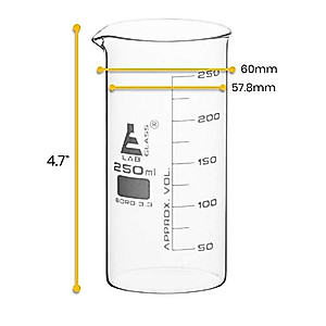 EISCO Beaker, 250ml - Tall Form with Spout - White, 25ml Graduations - Borosilicate 3.3 Glass