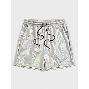 WDIRARA Men's Metallic Shiny Sparkly Drawstring Waist Shorts with Pockets Silver Reflective L