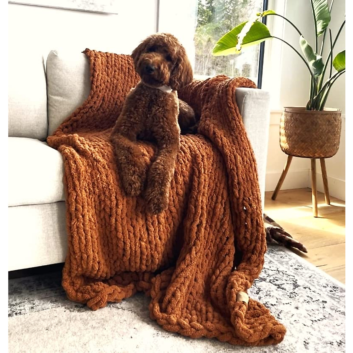 White Oak Village Large Chunky Knit Blanket 50x70; Boho Throw; Tight Braid Cable Knit Throw for Sofa Throw for Bed; Chenille Weighted Blanket 4.5lbs Farmhouse Decor (Deep Ginger)