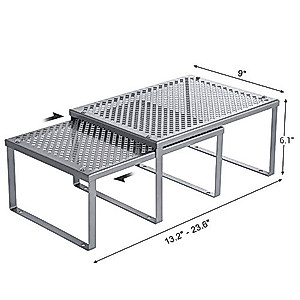 SONGMICS Cabinet Shelf Organizers, Shelf Organizer, Countertop Organizer, Shelf Riser, Stackable, Expandable, Set of 2 Metal Kitchen Counter Shelves, Silver UKCS01SV